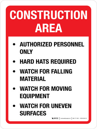 Construction Area Rules Portrait - Wall Sign