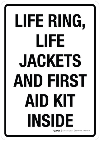 Life Ring Life Jackets And First Aid Kit Inside White Portrait - Wall Sign