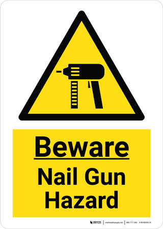 Beware - Nail Gun Hazard Icon Portrait - Wall Sign