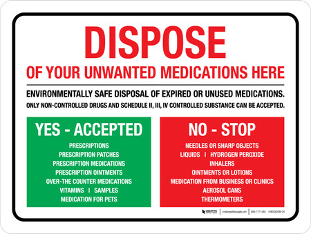 Dispose of Your Unwanted Medications Here Landscape - Wall Sign