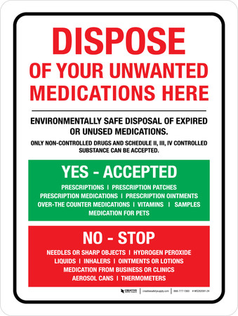 Dispose of Your Unwanted Medications Here Portrait - Wall Sign ...