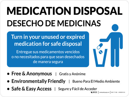 Medication Disposal with Icon - Bilingual Spanish Landscape - Wall Sign