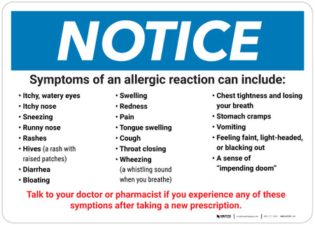Notice: Symptoms of an Allergic Reaction Landscape - Wall Sign
