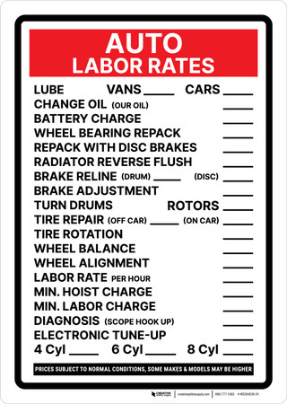 Auto Labor Rates Portrait - Wall Sign