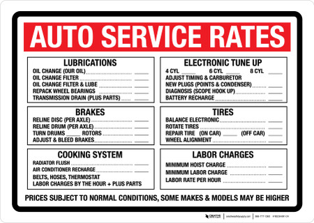 Auto Service Rates Landscape - Wall Sign