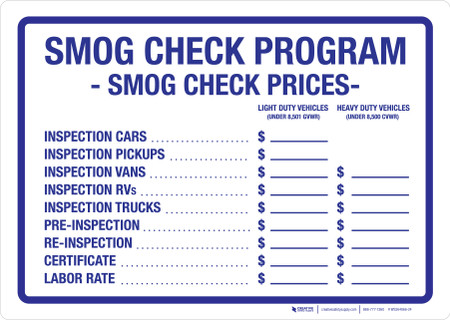 Smog Check Program/Prices Light/Heavy Duty Landscape - Wall Sign