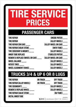 Tire Service Prices Portrait - Wall Sign | Creative Safety Supply