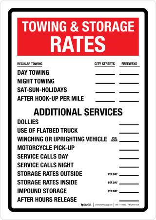 Towing & Storage Rates Portrait - Wall Sign