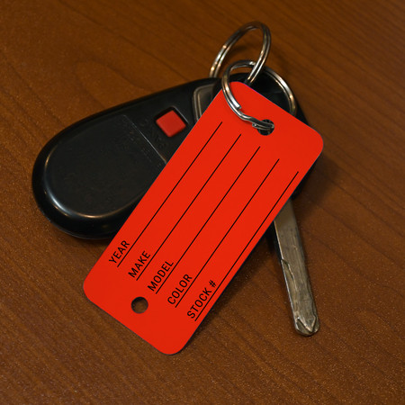 Year-Make-Model Landscape Red - Auto Dealership Key Tags | Creative ...