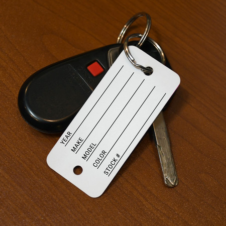 Year-Make-Model Landscape White - Auto Dealership Key Tags | Creative ...