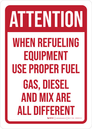 Attention: When Refueling Equipment Use Proper Fuel Portrait - Wall Sign