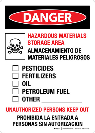 Danger: Hazardous Materials Storage Area Portrait - Wall Sign