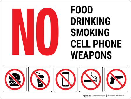 NO Food/Drinking/Smoking/Cell Phone/Weapons with Icons Landscape - Wall ...