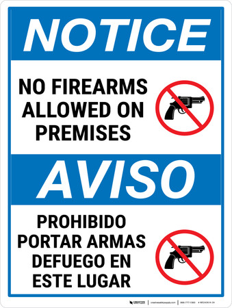 Notice: No Firearms Allowed on Premises Bilingual Spanish with Icon ...