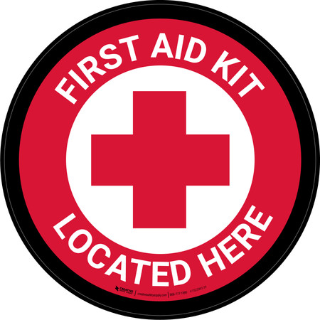 First Aid Kit Located Here Red with Icon Circular - Floor Sign