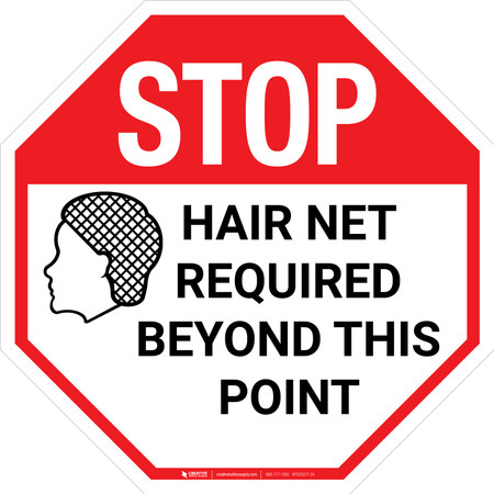 STOP: Hair Net Required Beyond This Point with Icon Stop Sign - Floor Sign