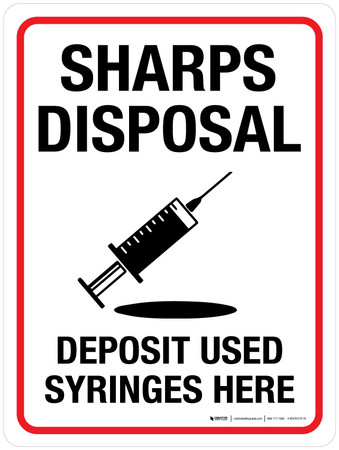 Sharps Disposal Deposit Used Syringes Here with Icon Portrait - Wall Sign