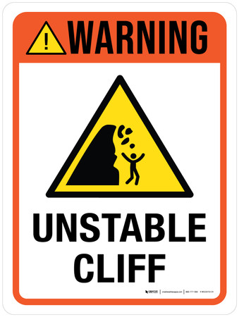 Warning: Unstable Cliff with Hazard Icon Portrait - Wall Sign ...