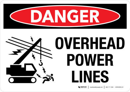 Danger: Overhead Power Lines with Icon Landscape - Wall Sign