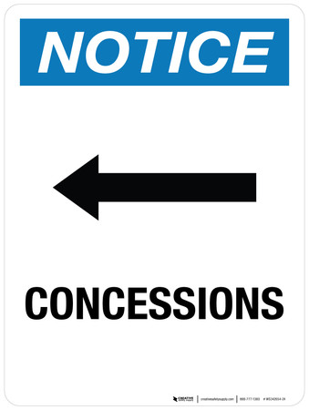 Notice: Concessions (Arrow Left) Portrait - Wall Sign