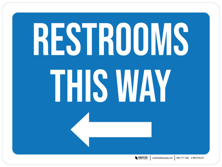 Restrooms This Way (Arrow Left) Blue Landscape - Wall Sign