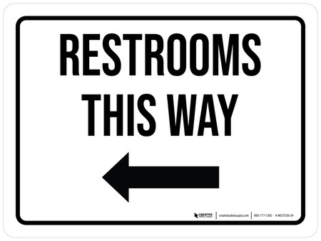 Restrooms This Way (Arrow Left) White Landscape - Wall Sign