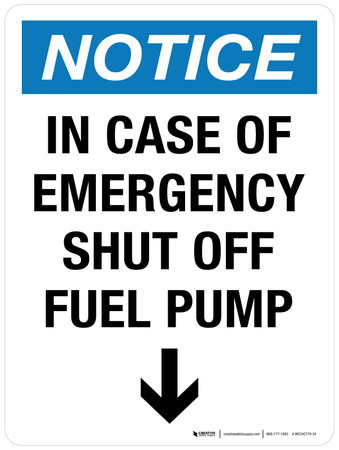 Notice: Lab Vent Hood Shut Down Switch with Down Arrow Portrait - Wall Sign