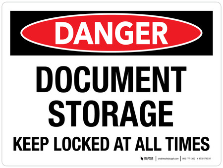 Danger: Document Storage Keep Locked At All Times Landscape - Wall Sign