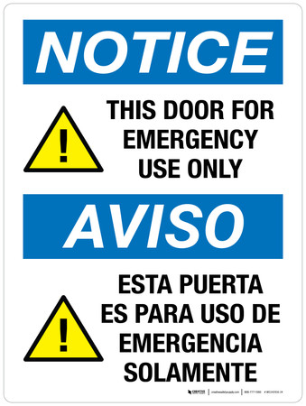 Notice: This Door For Emergency Use Only Bilingual Portrait - Wall Sign ...