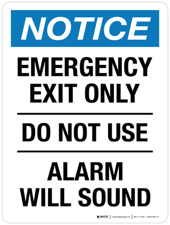 Notice: Emergency Exit Only - Do Not Use - Alarm Will Sound Portrait ...
