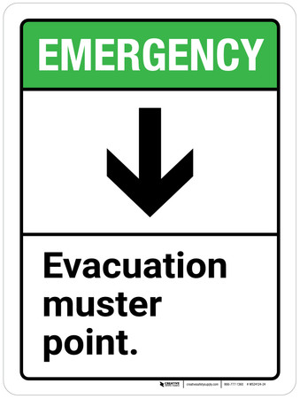 Emergency: Evacuation Muster Point with Down Arrow ANSI Portrait - Wall ...