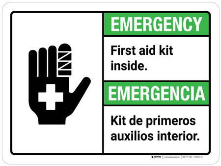 Emergency: First Aid Kit Inside Spanish ANSI Landscape - Wall Sign ...