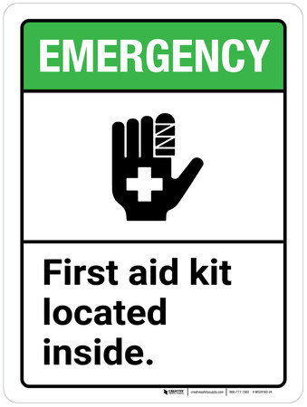Emergency: First Aid Kit Located Inside ANSI Portrait - Wall Sign ...