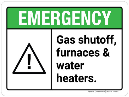 Emergency: Gas Shutoff Furnaces & Water Heaters ANSI Landscape - Wall Sign