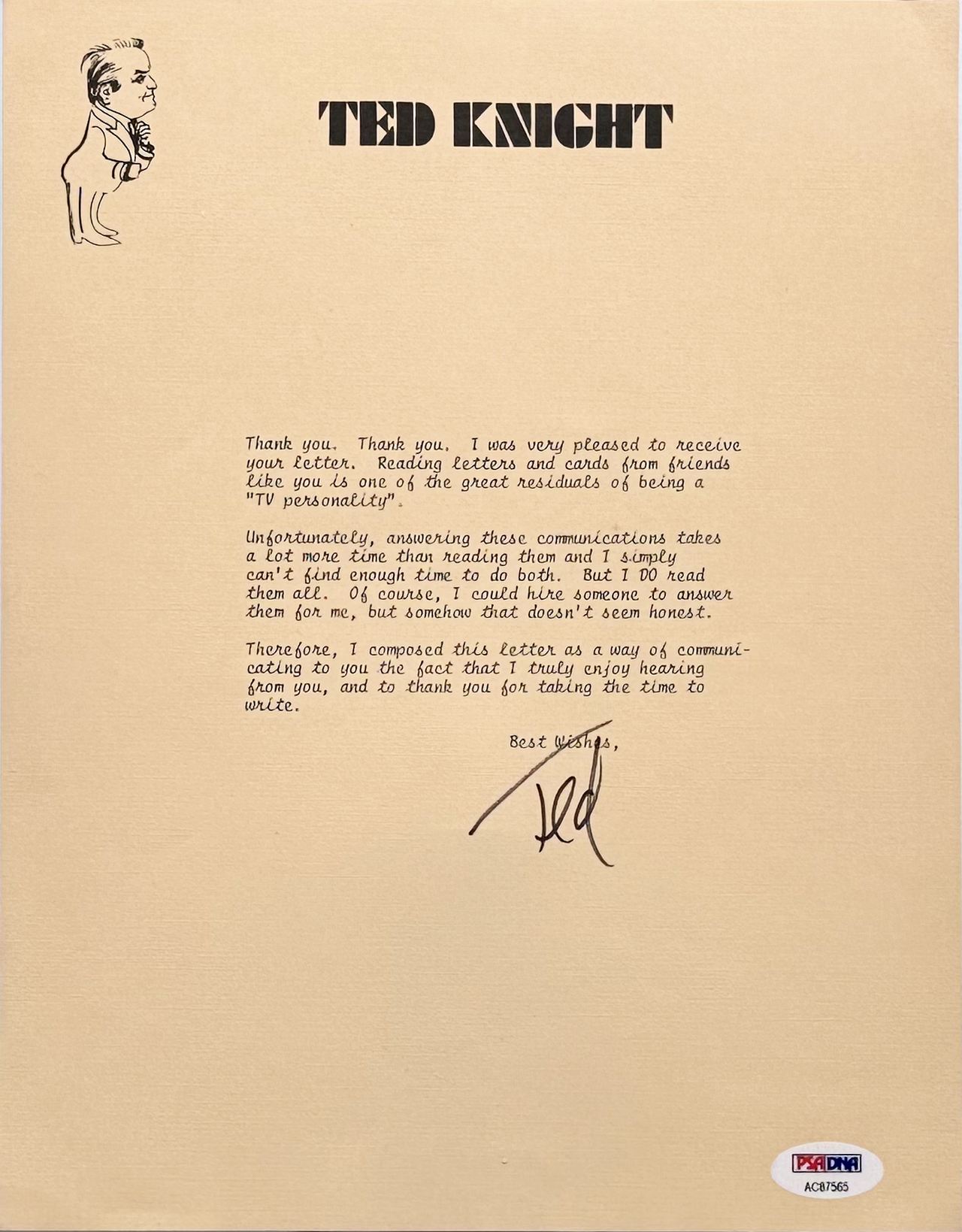 Ted Knight Signed Letter - Ted Knight (Signed Memorabilia)