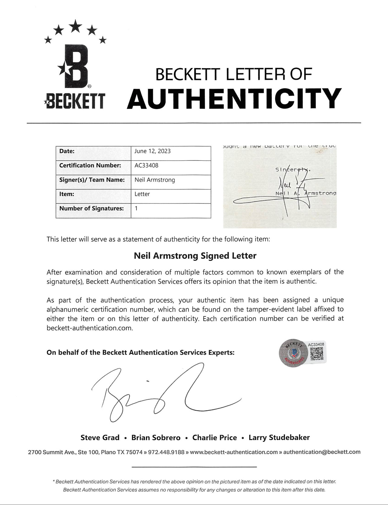 Neil Armstrong Apollo 11 Authentic Signed 8.5x11 1994 Typed Letter BAS ...