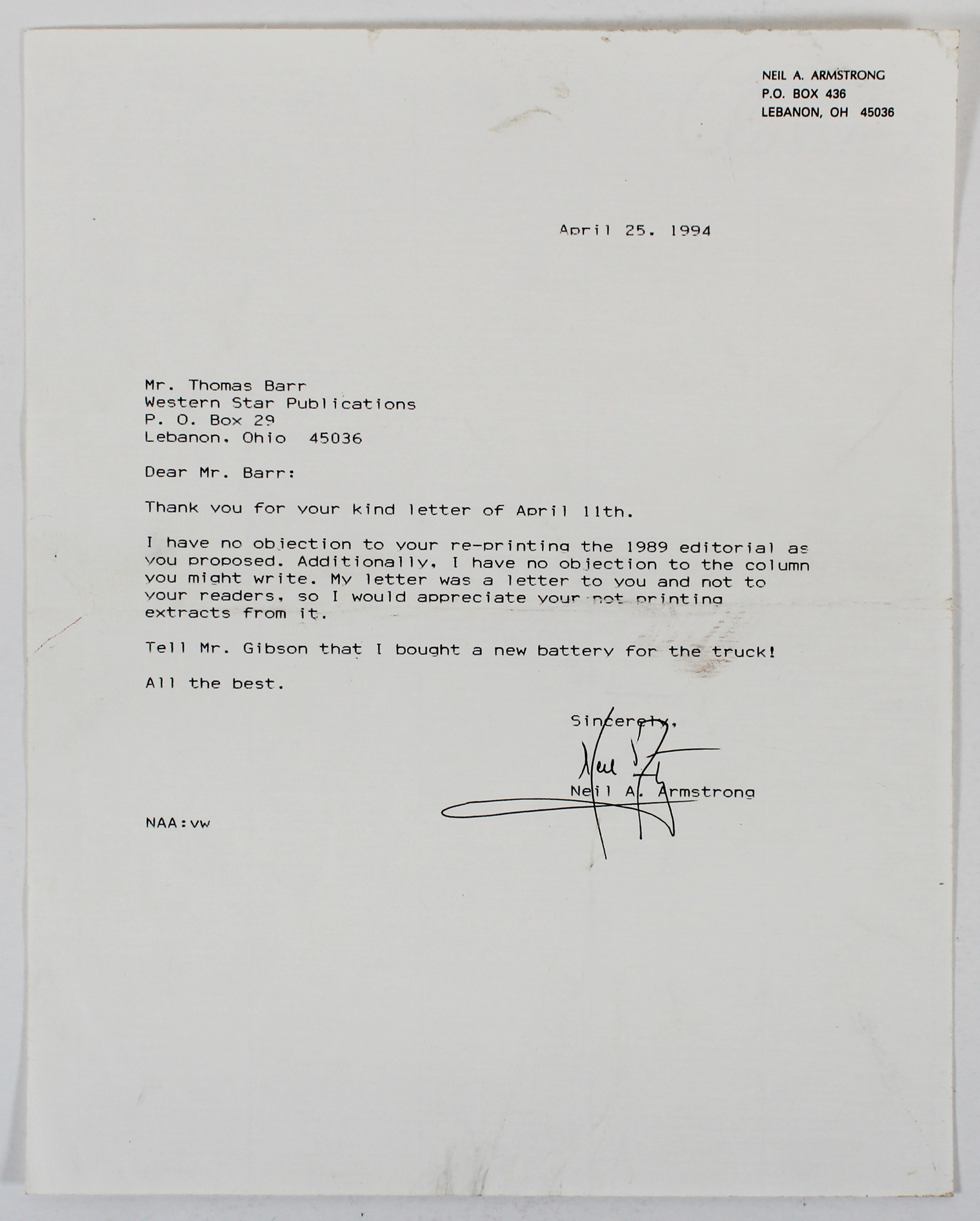 Neil Armstrong Apollo 11 Authentic Signed 8.5x11 1994 Typed Letter BAS ...