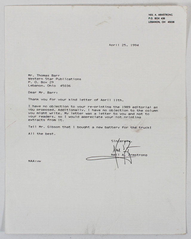 Neil Armstrong Apollo 11 Authentic Signed 8.5x11 1994 Typed Letter BAS ...