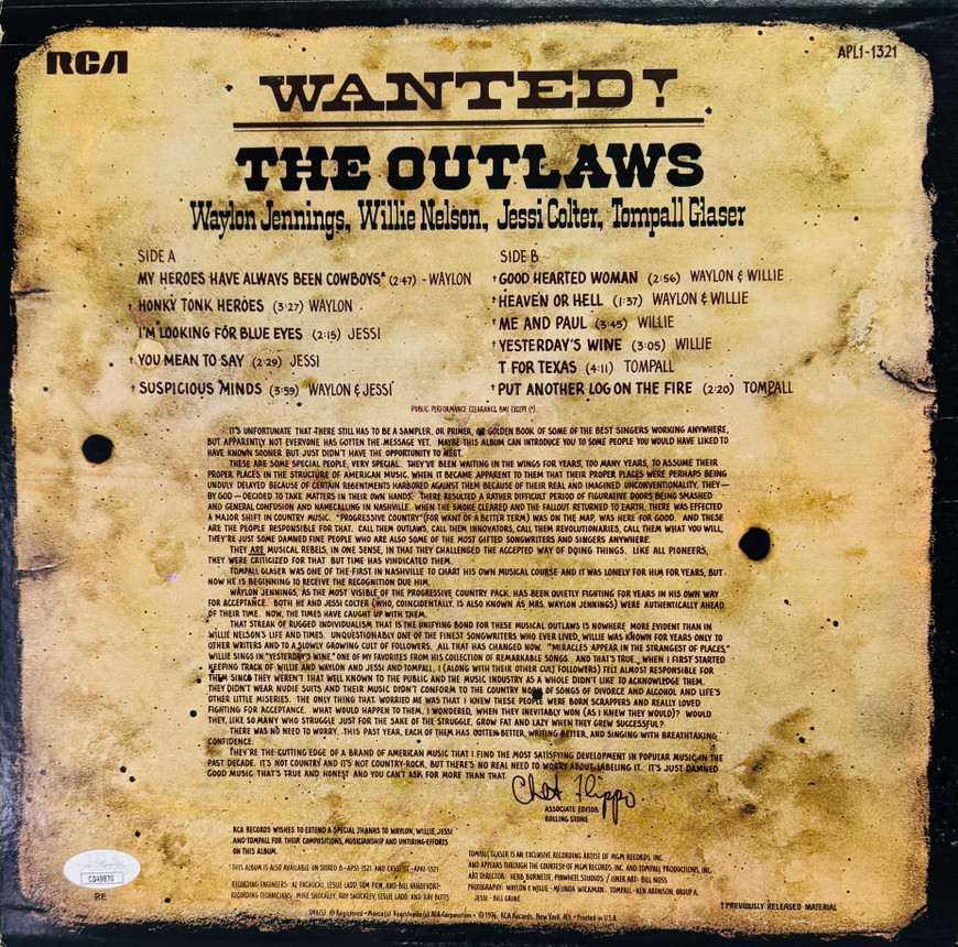 Signed Wanted! The Outlaws Vinyl – Willie Nelson & Jessi Colter – JSA COA