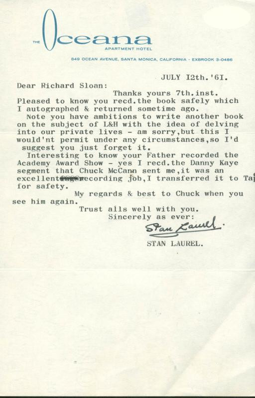Stan Laurel Signed 5.5X8.5 1961 Typed Letter On Oceana Letterhead JSA # ...