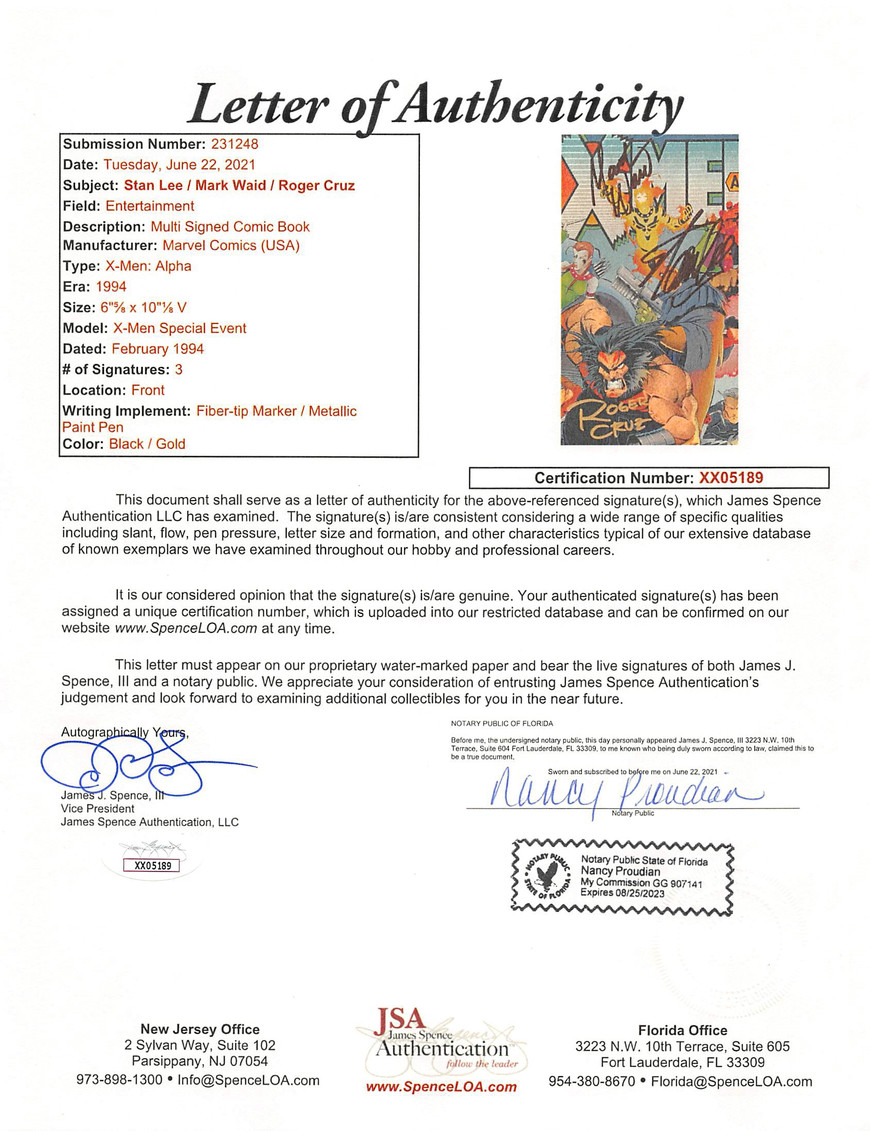(3) Stan Lee, Waid & Cruz Marvel Signed X-Men Alpha Special Comic JSA # ...