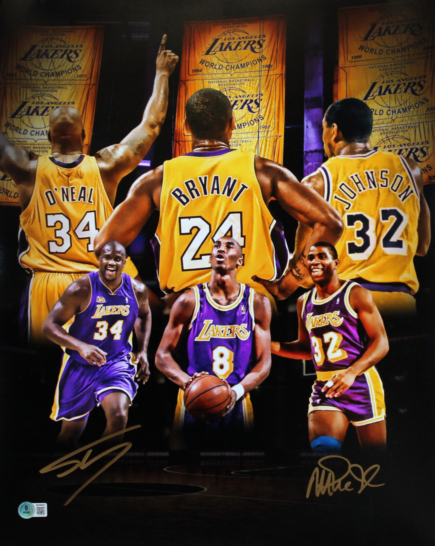 Lakers Magic Johnson & Shaquille O'Neal Signed 16x20 Custom Photo BAS ...