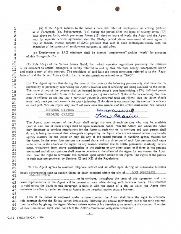 Fred MacMurray Hand-Signed Chasin-Park-Citron Agency Contract