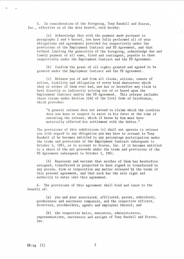 Tony Randall Hand-Signed Universal Pictures Legal Contract