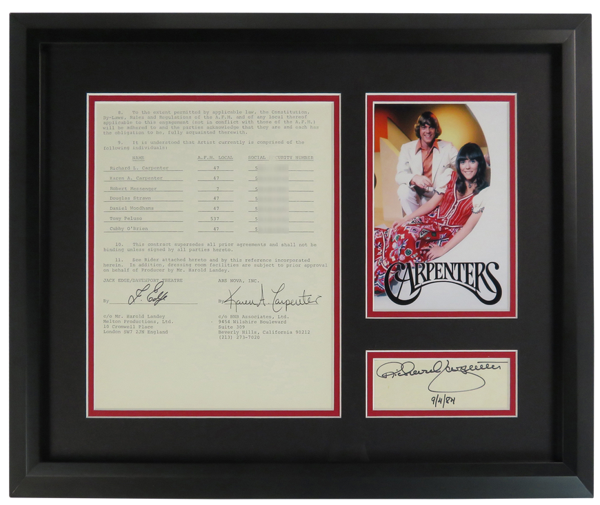 The Carpenters Signed Framed Display - Karen Carpenter and Richard ...