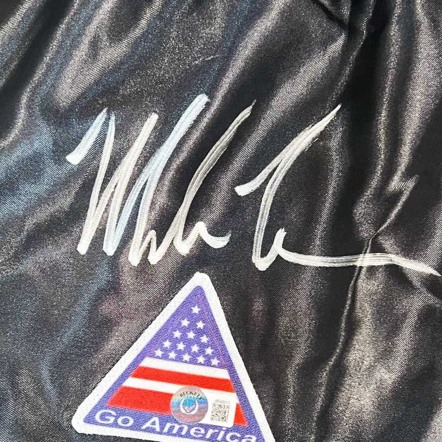 Mike Tyson Signed Above Go America Patch Black Boxing Trunks (Beckett)