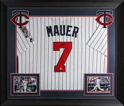 Twins Joe Mauer Signed White Pinstripe Majestic Framed Jersey BAS #BK88796