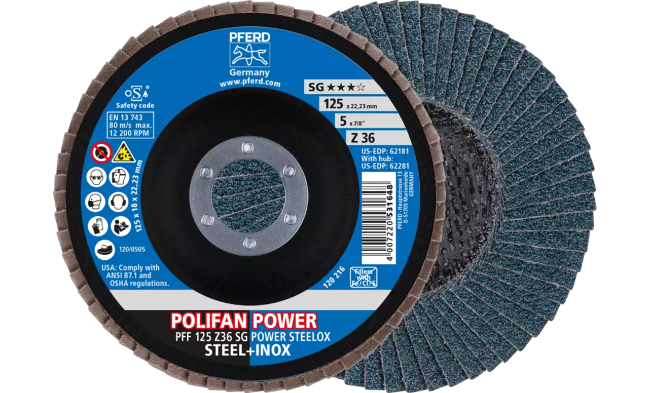 PFERD 62181 Polifan Flap Disc | 7/8" Arbor Hole | 5" Diameter | Zirconia Alumina 36 Grit | Type ...
