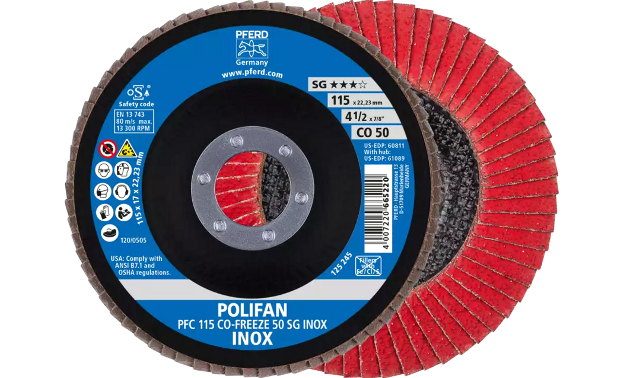 PFERD 60811 Polifan Flap Disc | 7/8" Arbor Hole | 4-1/2" Diameter | Ceramic Oxide 50 Grit | Type ...