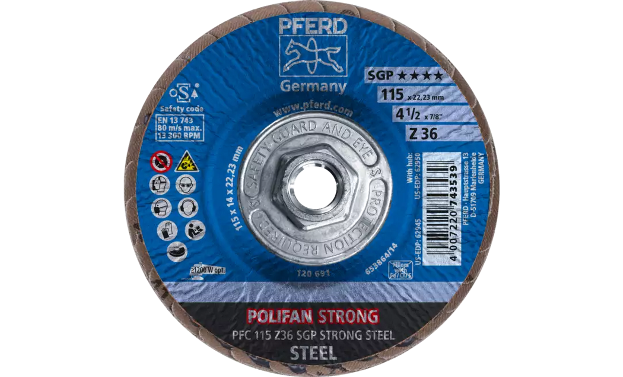 PFERD 62950 Polifan Flap Disc | 5/8-11" Arbor Hole | 4-1/2" Diameter | Zirconia Alumina 36 Grit ...